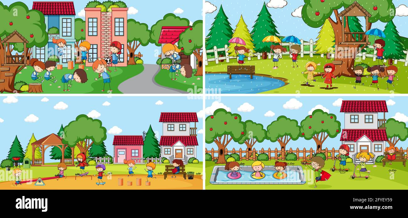 Outdoor scene set with many kids doodle cartoon character illustration ...