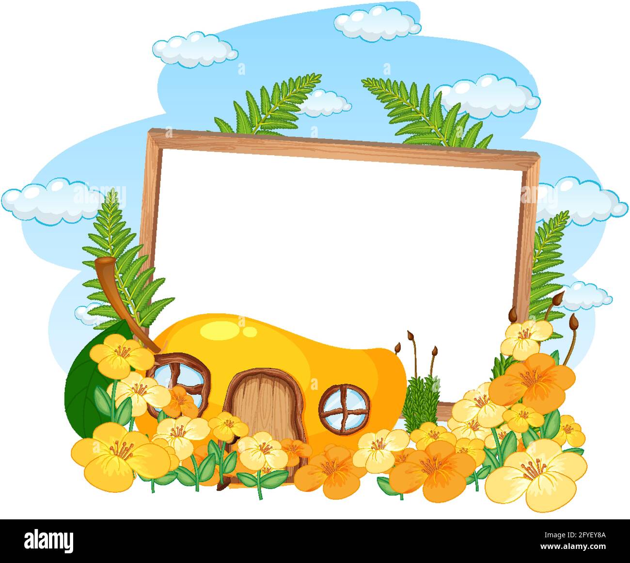 Empty banner with fantasy mango house and many flowers illustration ...
