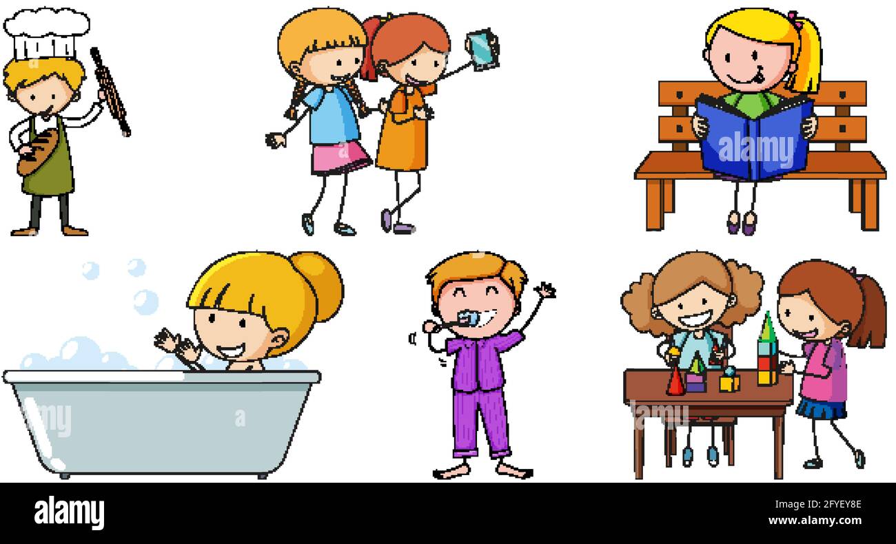 Set of many children doing different activities illustration Stock ...