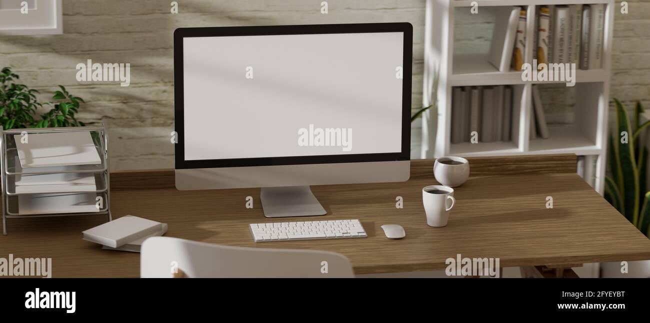 3D rendering, office room interior design with computer and office ...