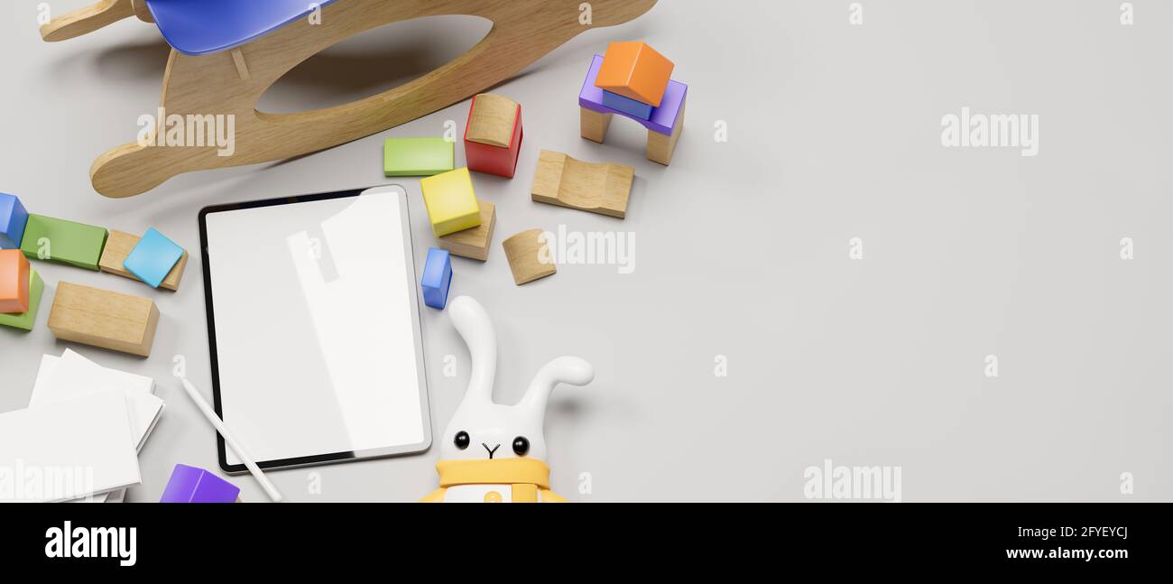 3D rendering, toys, stuffs, doll, mock up digital tablet, playthings ...