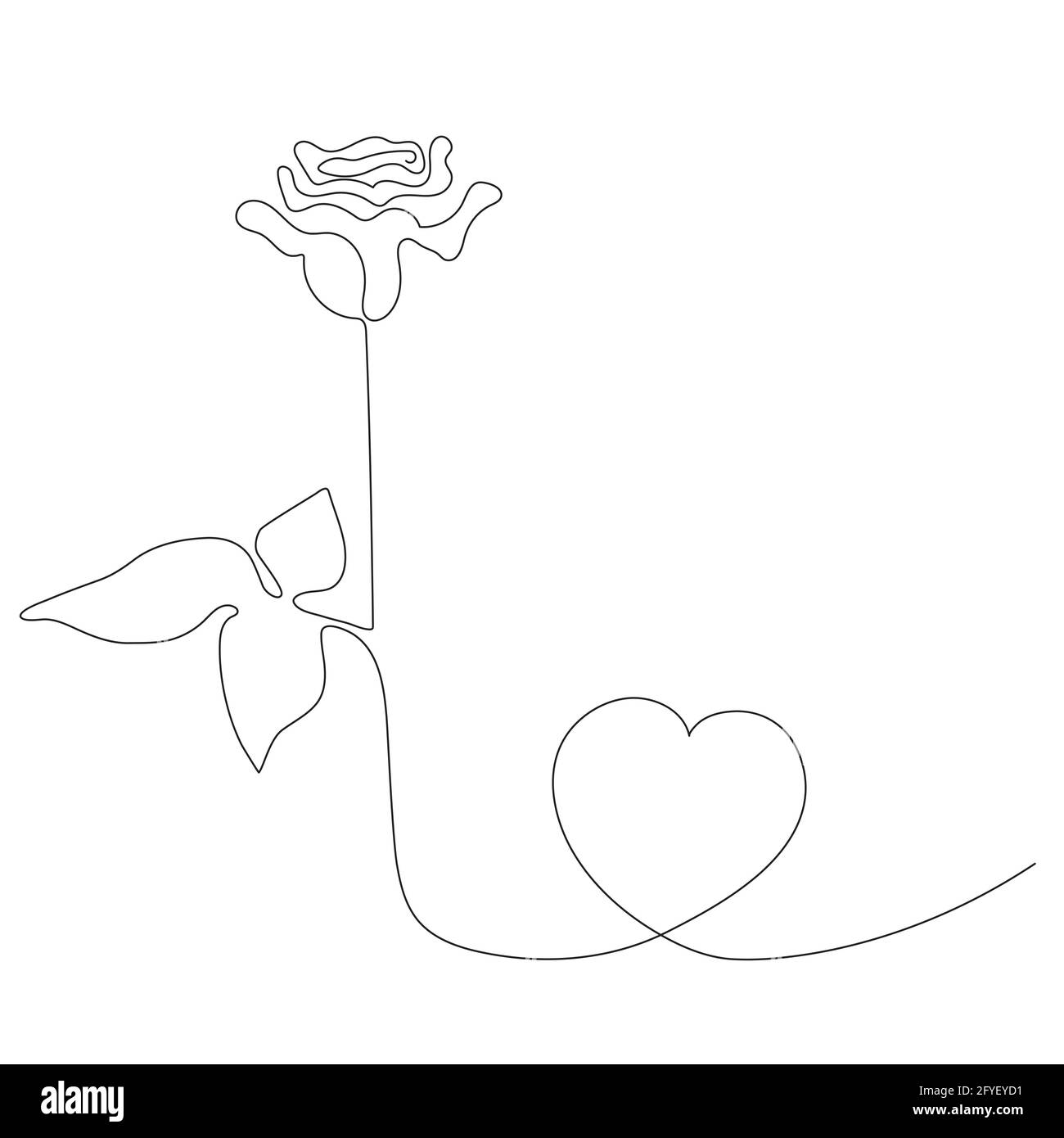 Rose Line art. Beautiful flower And heart. Vector illustration ...