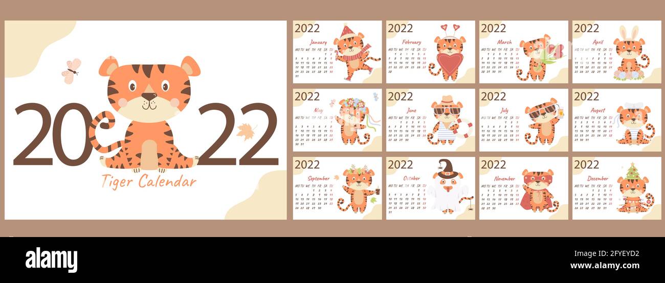 Year 2022 Calendar Template. A set of 12 pages and a cover with a cute ...