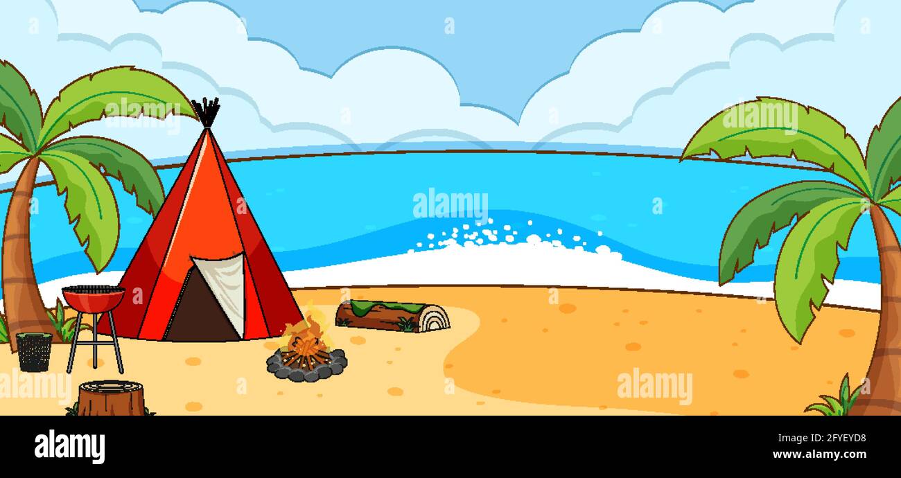 Beach outdoor scene with a camping tent along the beach illustration ...