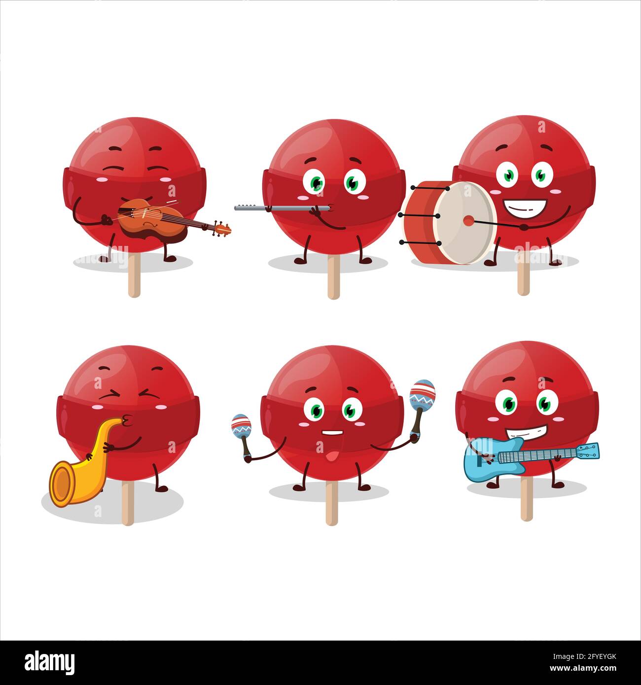 Cartoon character of red lolipop playing some musical instruments ...