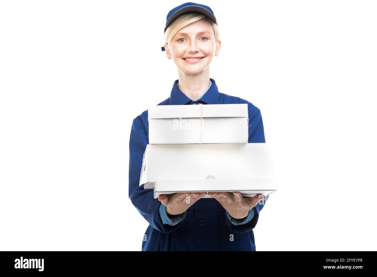 Horizontal medium portrait of modern beautiful Caucasian postal worker ...