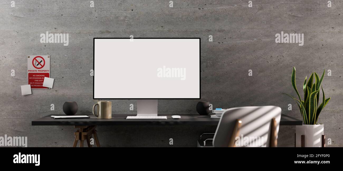 3D rendering, computer desk with monitor, supplies, chair and ...