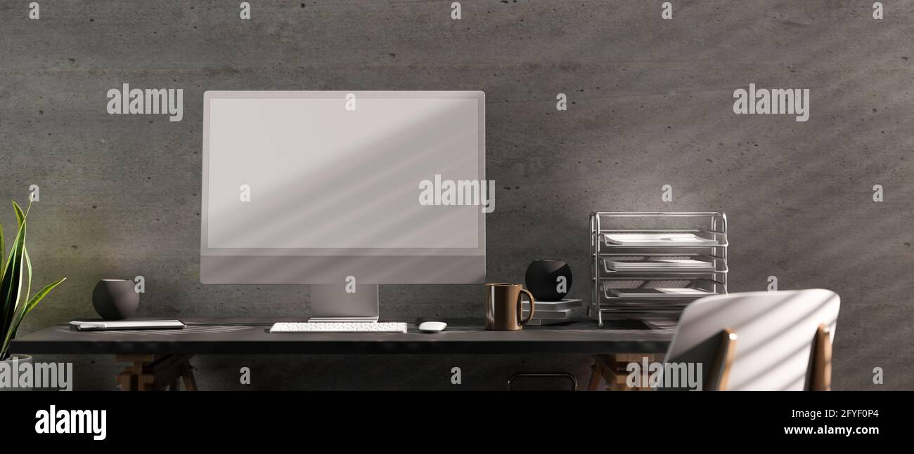 3D rendering, computer desk with office supplies, chair and decorations ...