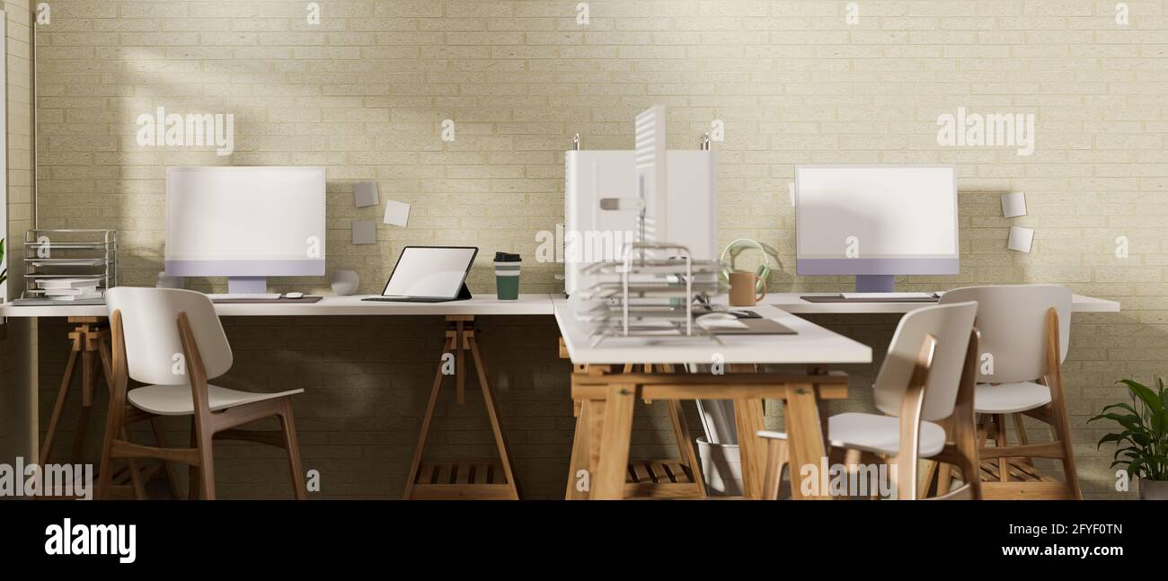 3D rendering, office room interior design with office desk, computer ...
