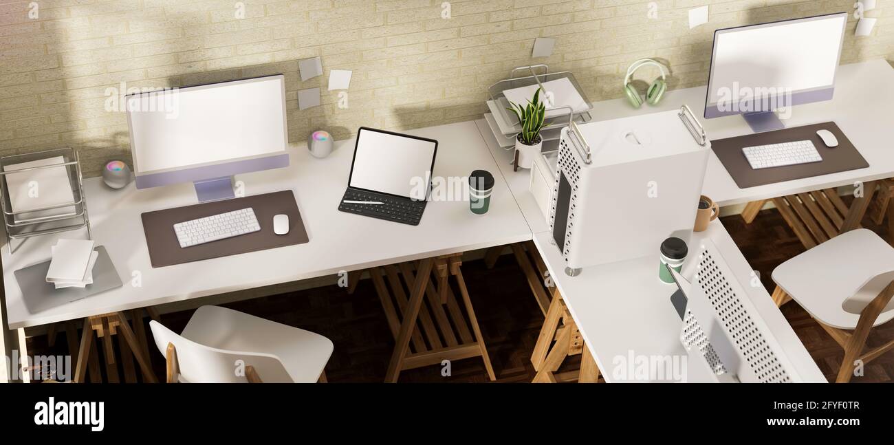 3D rendering, office room interior design with office desk, computer ...