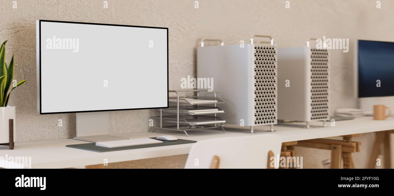 3D rendering, modern office room interior design, two office desk with ...