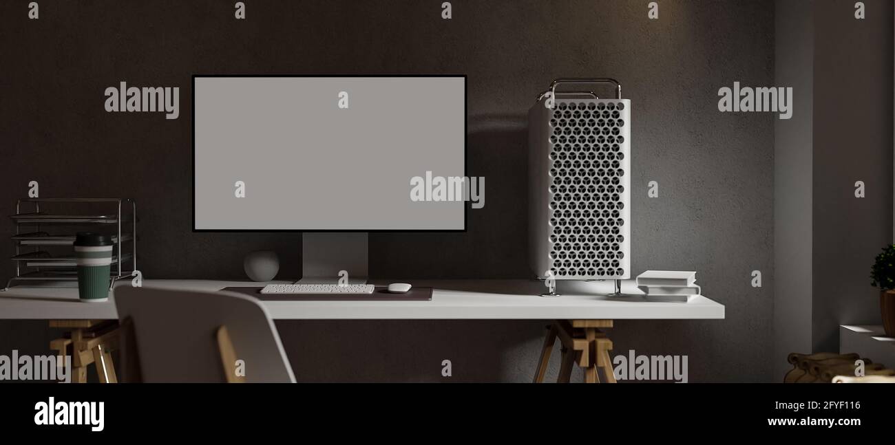 Loft office room interior design with computer desk, supplies, chair ...