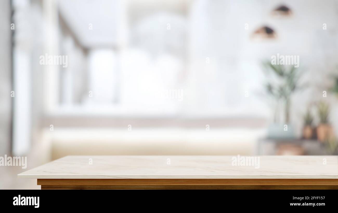 Copy space on marble table in blurred living room background, empty ...