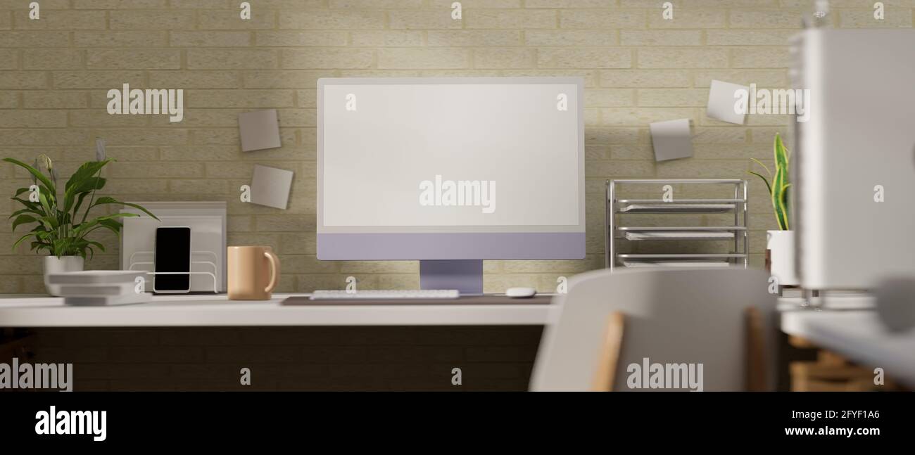 3D rendering, office desk with computer monitor, office supplies and ...