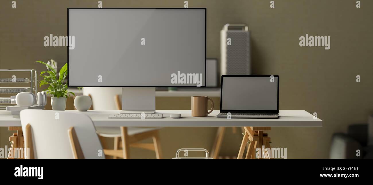 3D rendering, minimal office room with computer monitor, laptop ...