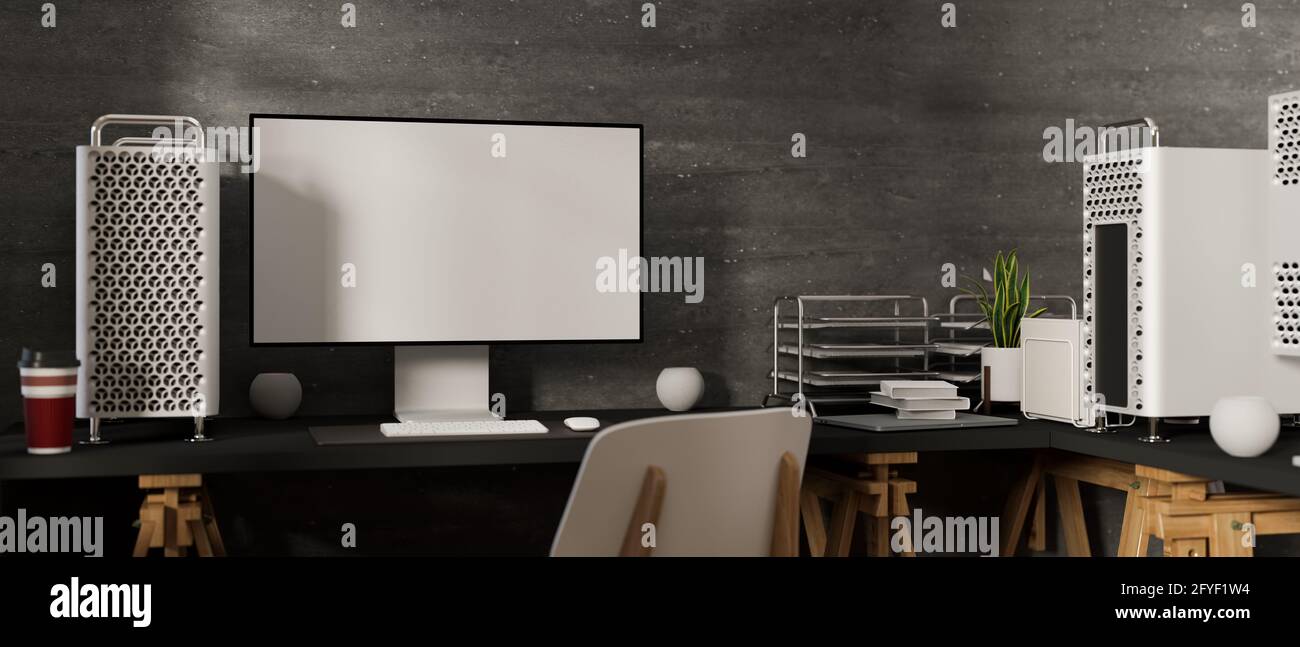 3D rendering, modern office room with computer, office supplies, chair ...