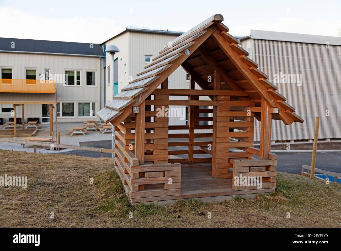 Umea, Norrland Sweden - May 3, 2021: small wooden playhouse at a school ...