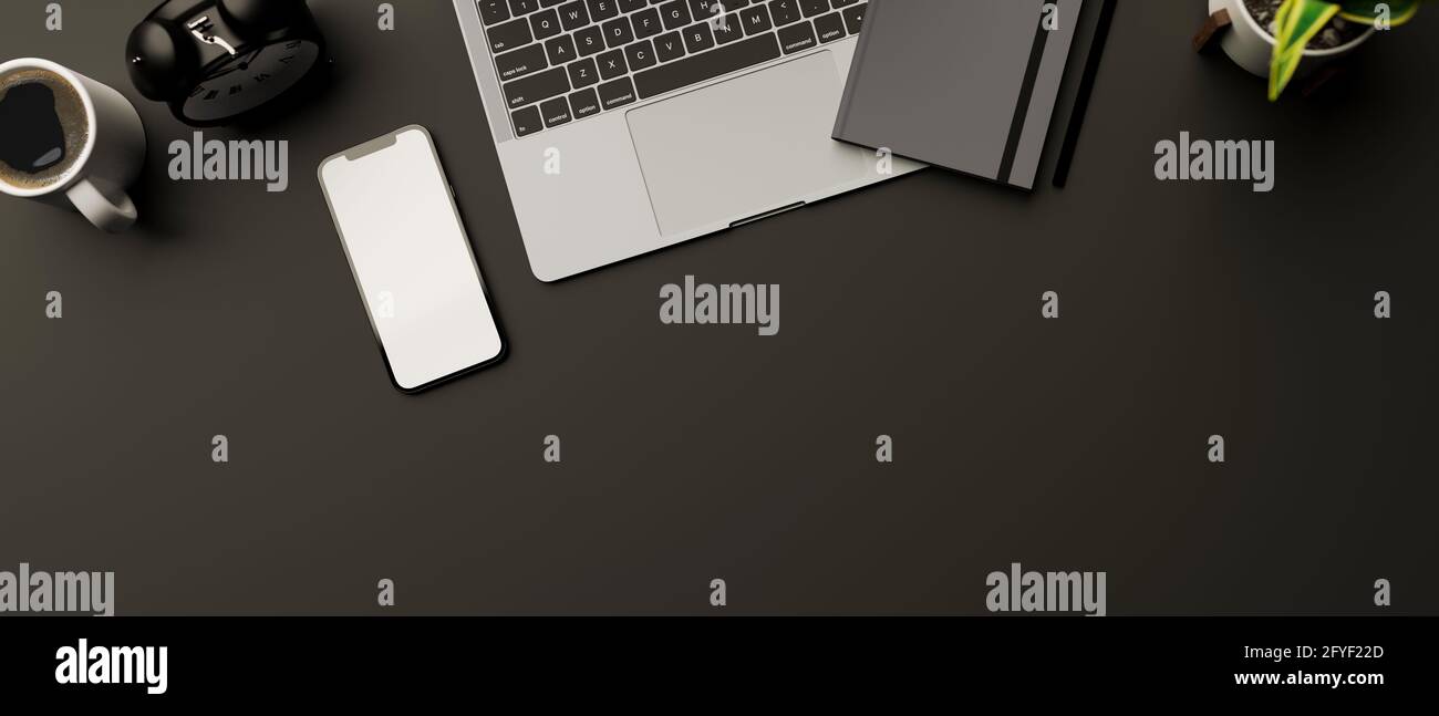 Top view, 3D rendering, dark creative flat lay workspace with ...