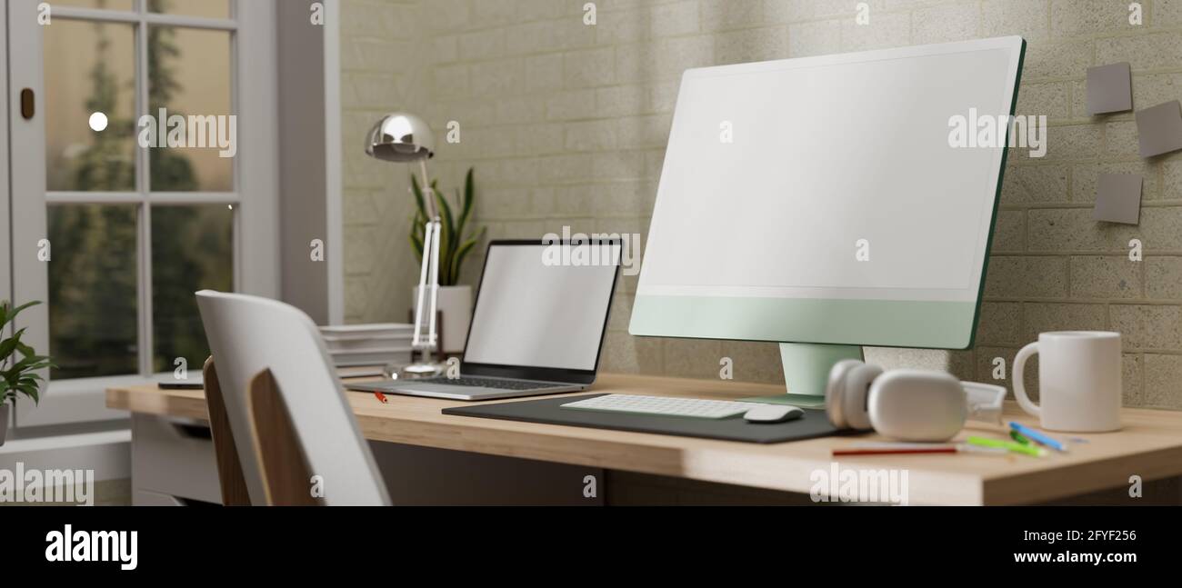 Side view, 3D rendering, home office room, computer desk beside the ...