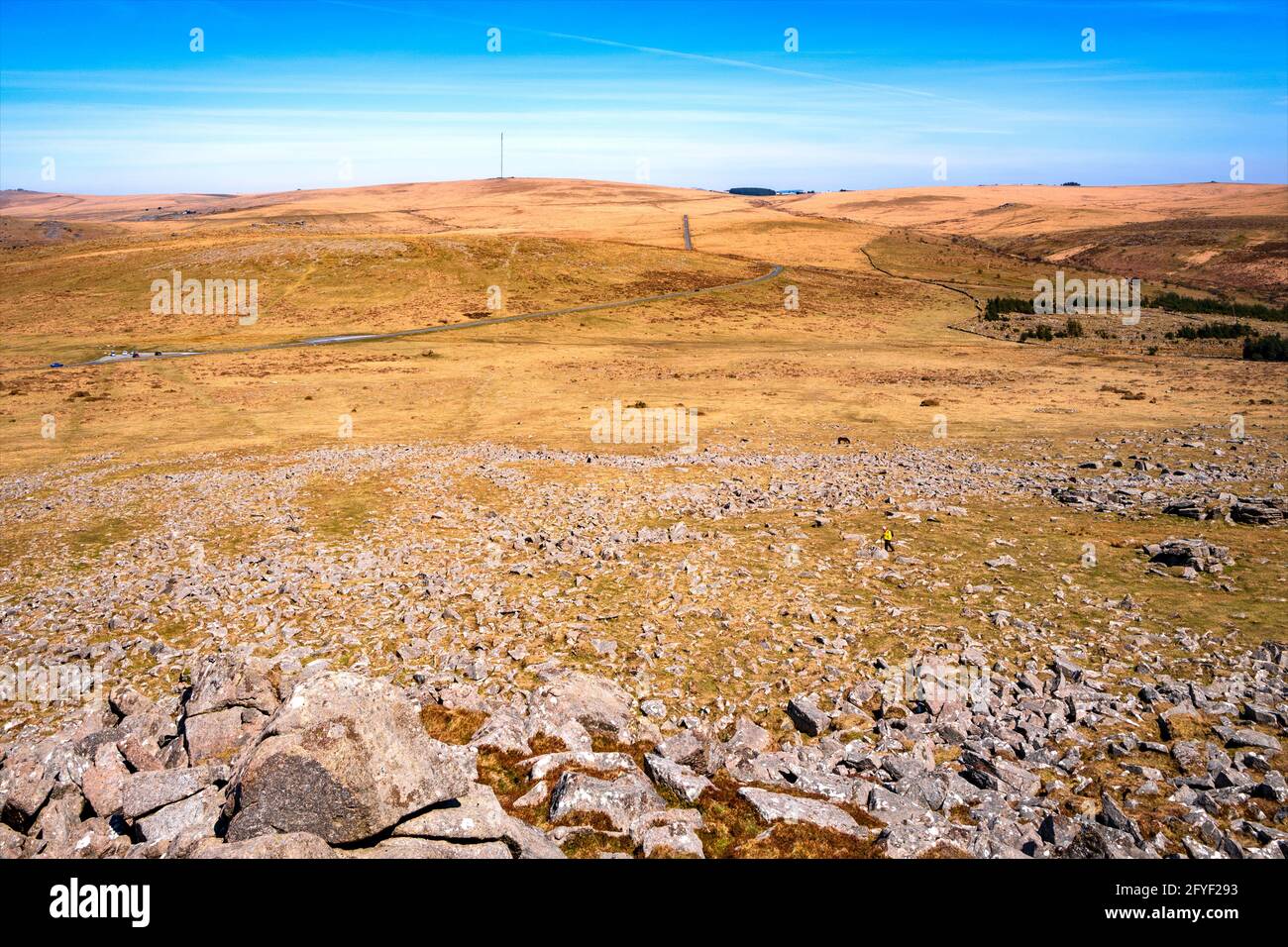 View northeast from Sharpitor showing Princetown Mast and B3212 road ...