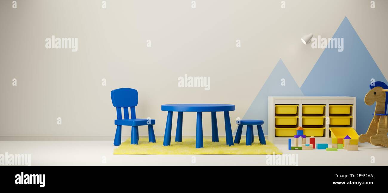 3D rendering, kids play room interior design with table, chairs, shelf ...