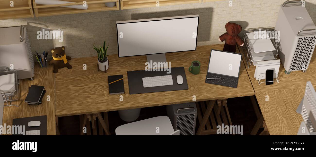 3D rendering, office workspace with computer devices with mock up ...