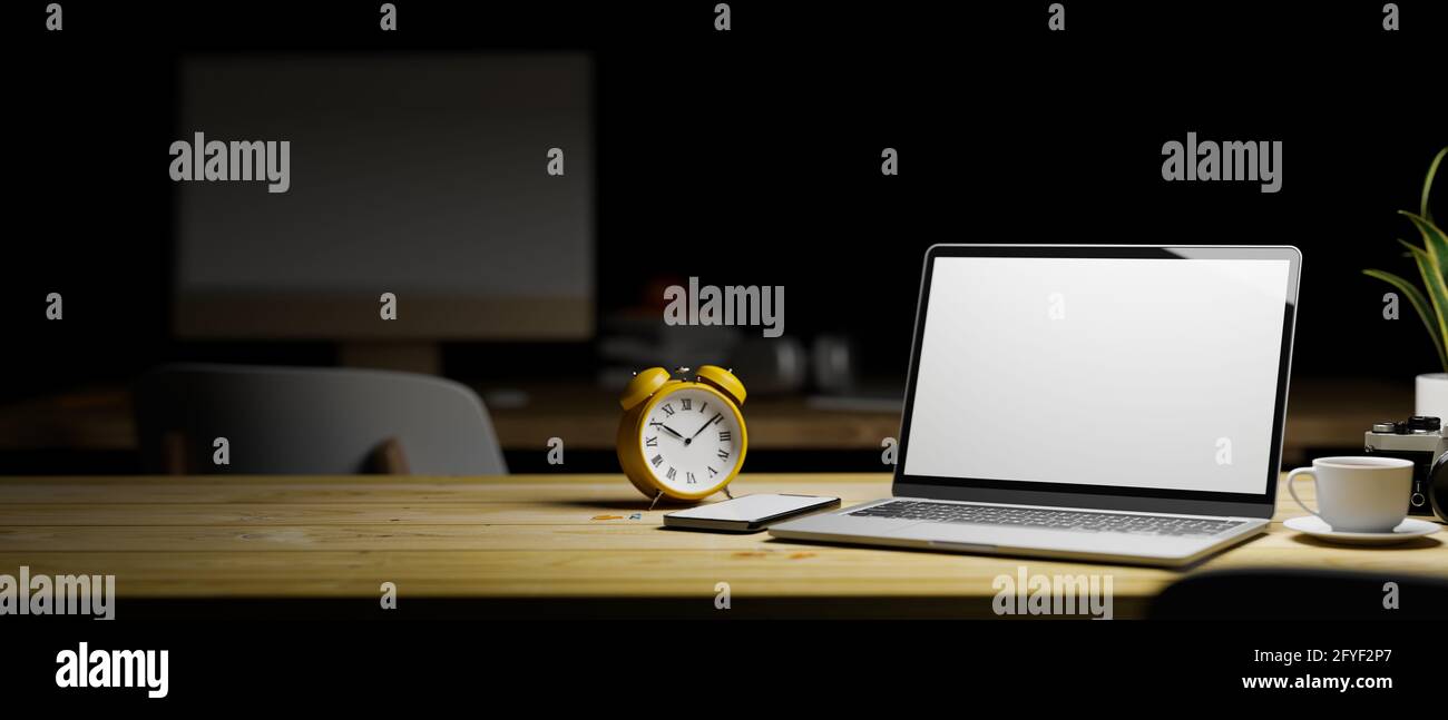 3D rendering, laptop with mock-up screen on wooden table with ...