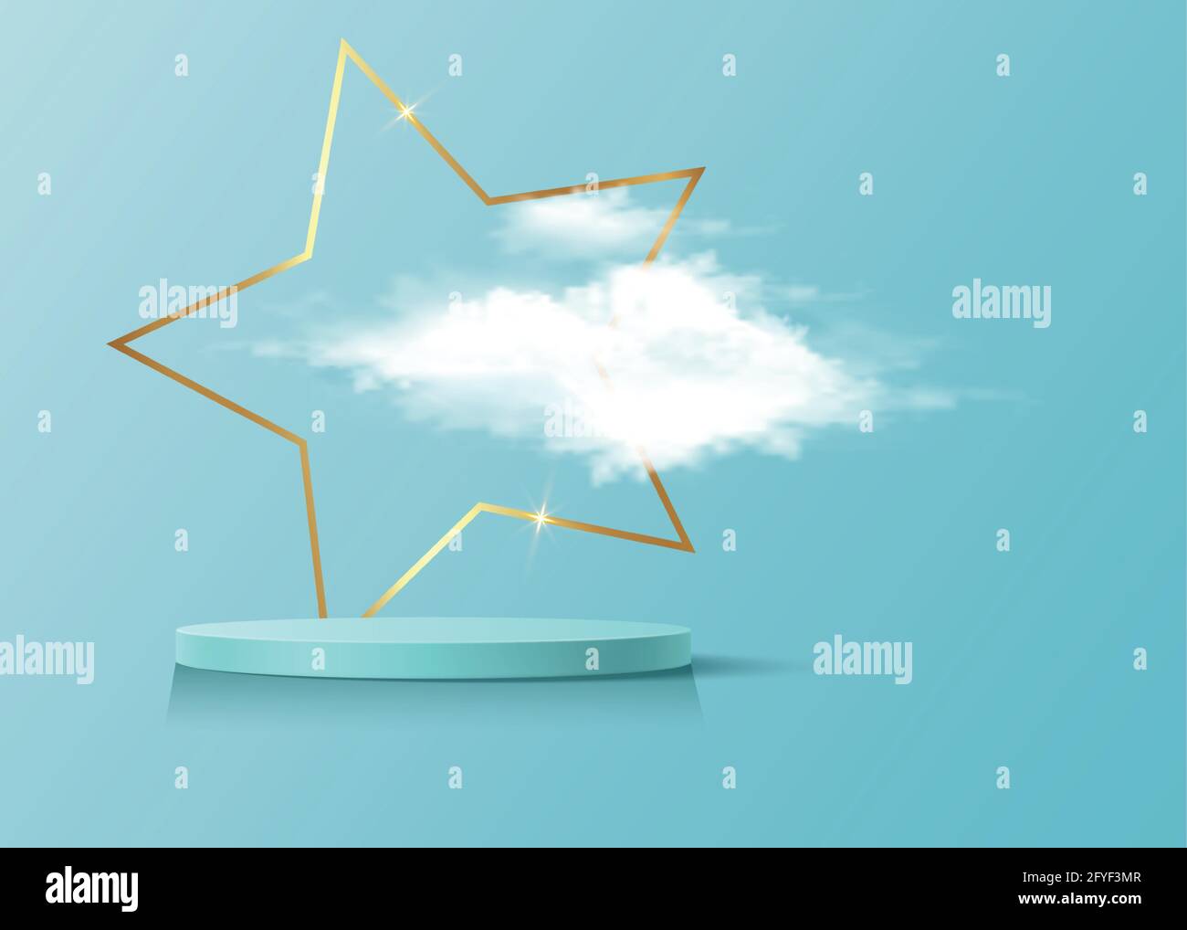 3d platform studio display minimal scene, gold star frame and fluffy ...