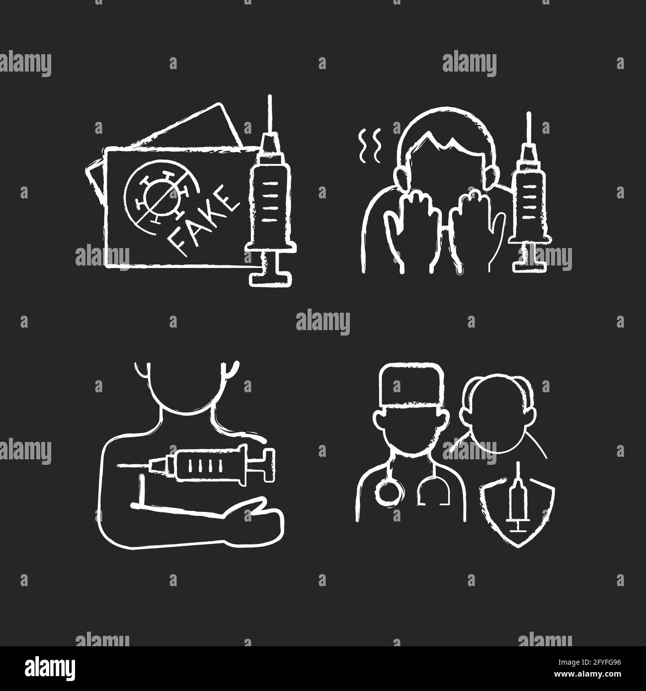 Vaccine inoculation chalk white icons set on black background Stock ...