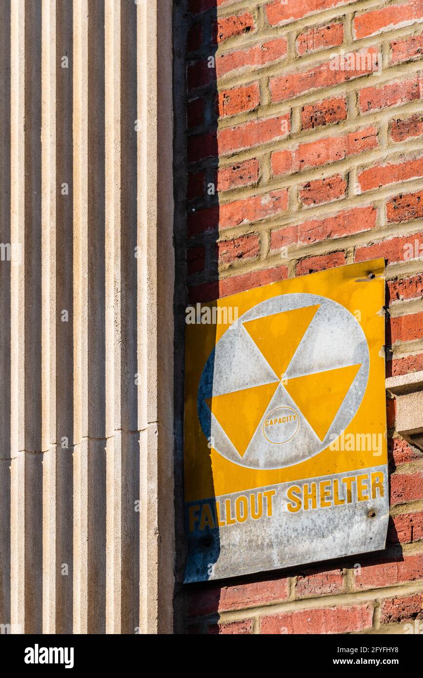 Retro Styled Nuclear Fallout Shelter Sign On A Red brick Wall Stock ...