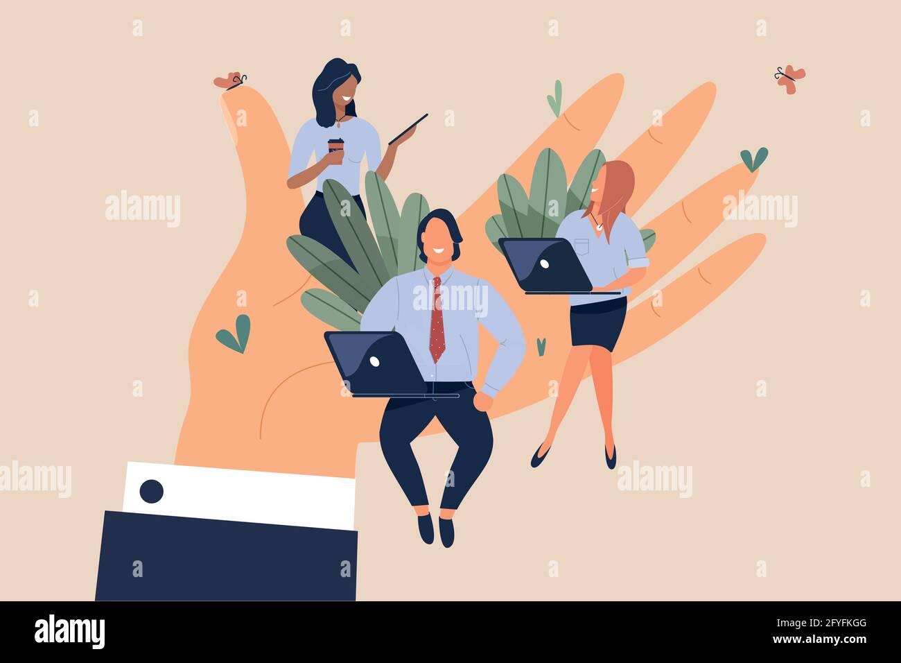 Tiny office workers sitting on huge hand. Concept of good comfortable ...