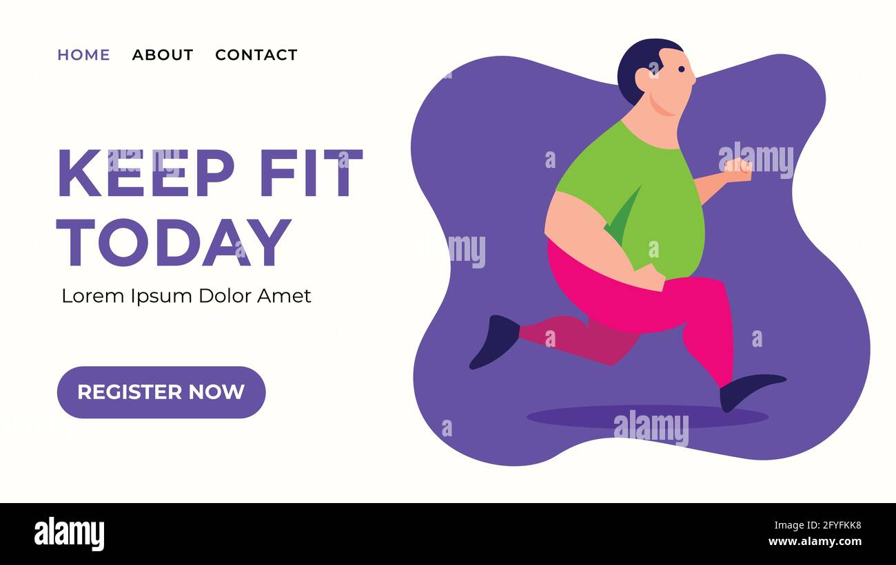 Landing page web banner for fitness theme. Fat man jogging flat design ...