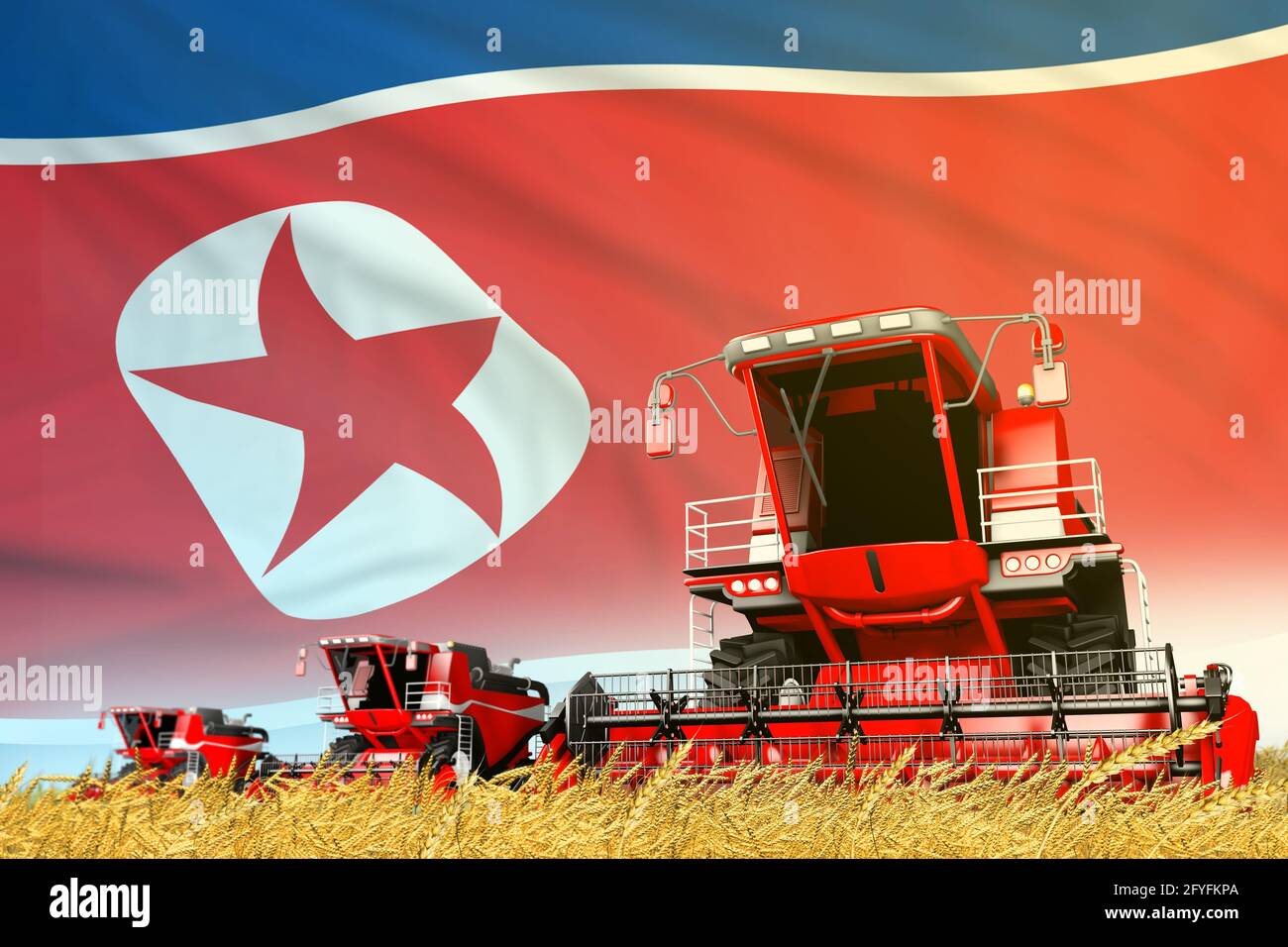 red wheat agricultural combine harvester on field with North Korea flag ...