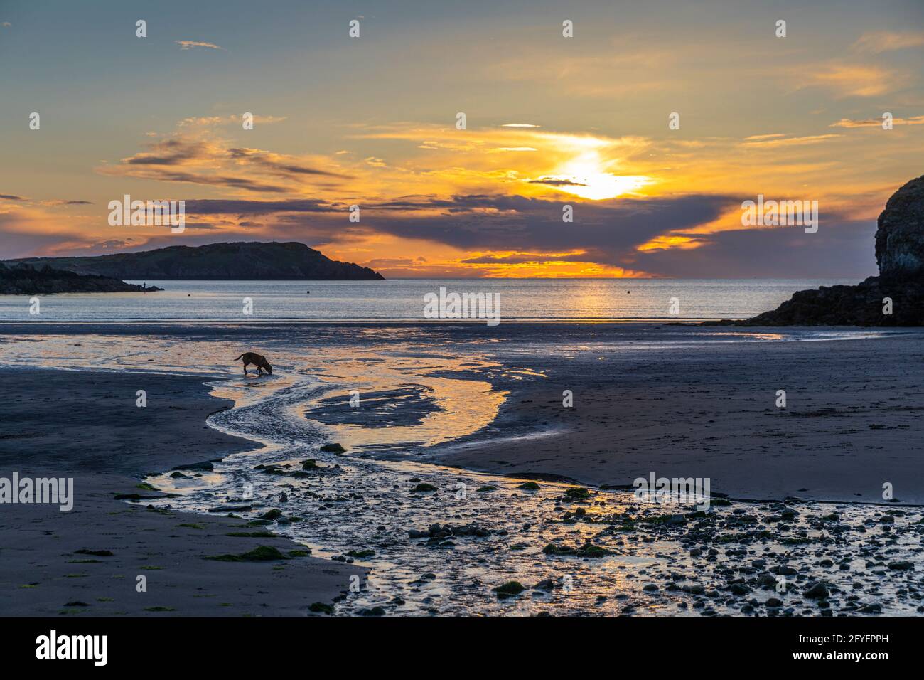 Cemaes Bay at sunset from Great Beach, Traeth Mawr, Anglesey, Wales ...