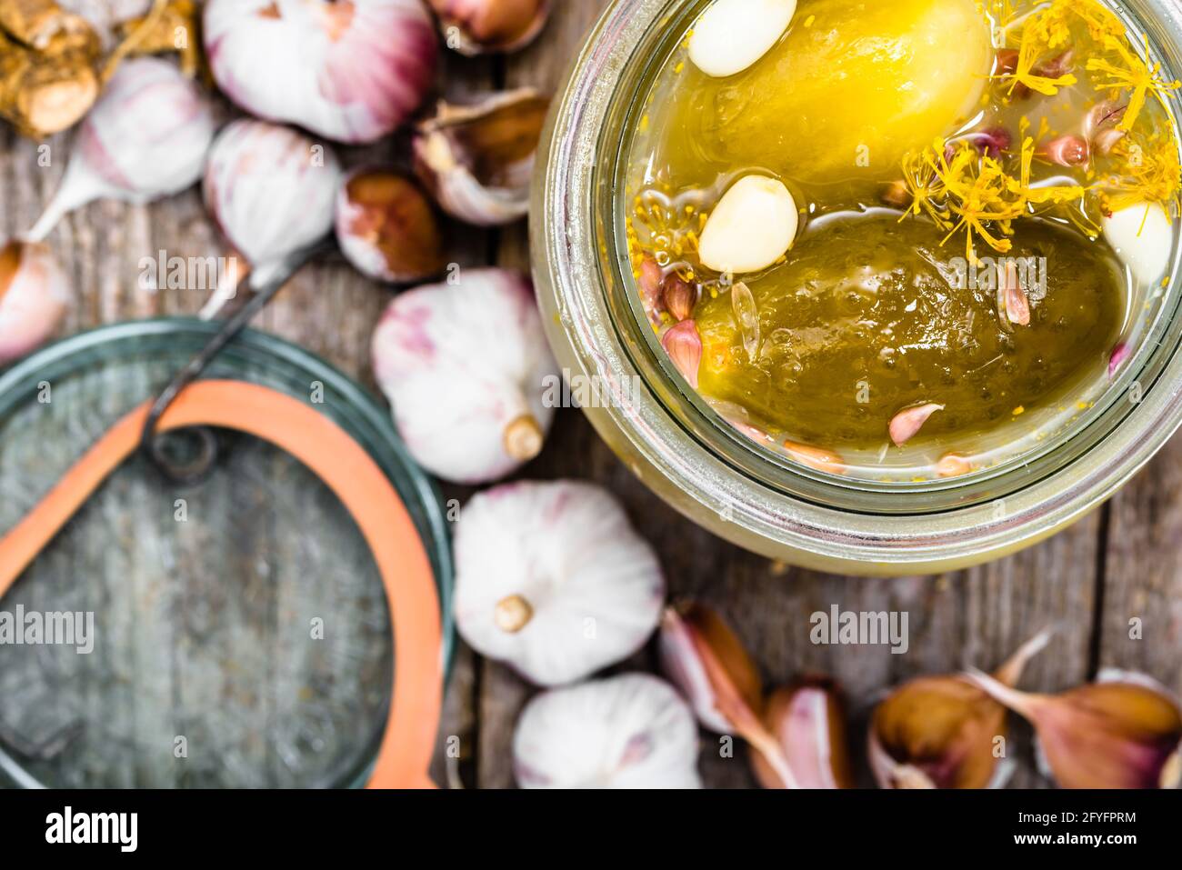 Pickled cucumber in jar. Pickle homemade, food preserves on rustic ...