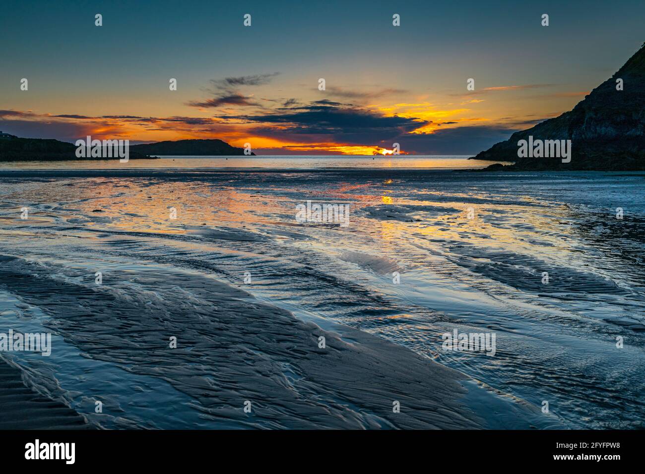 Cemaes Bay at sunset from Great Beach, Traeth Mawr, Anglesey, Wales ...