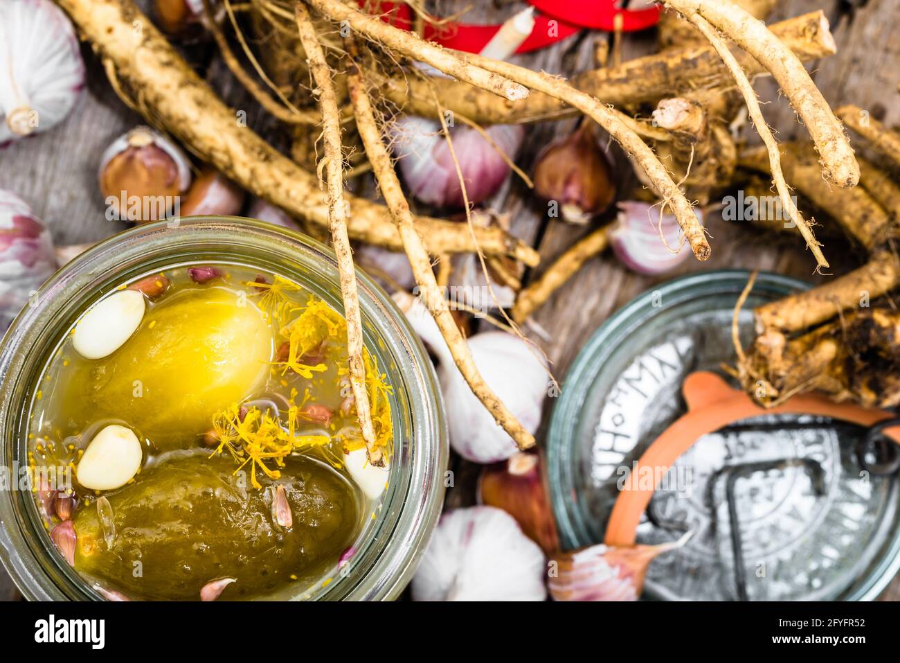 Homemade pickle preserves. Jar of gherkin, overhead view Stock Photo ...