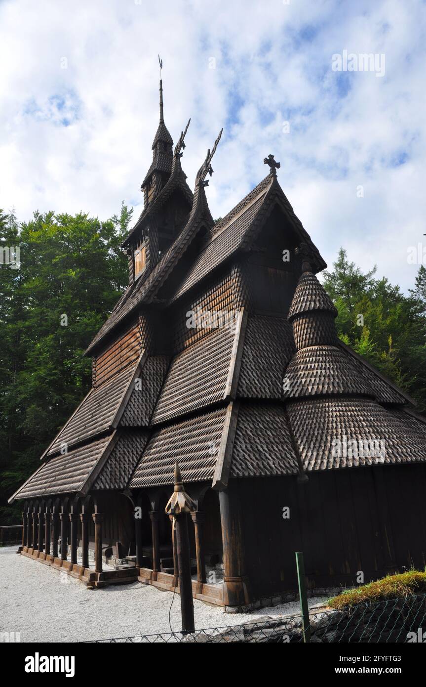 Typical Scandinavian stave church Fantoft in Bergen, Norway Stock Photo ...