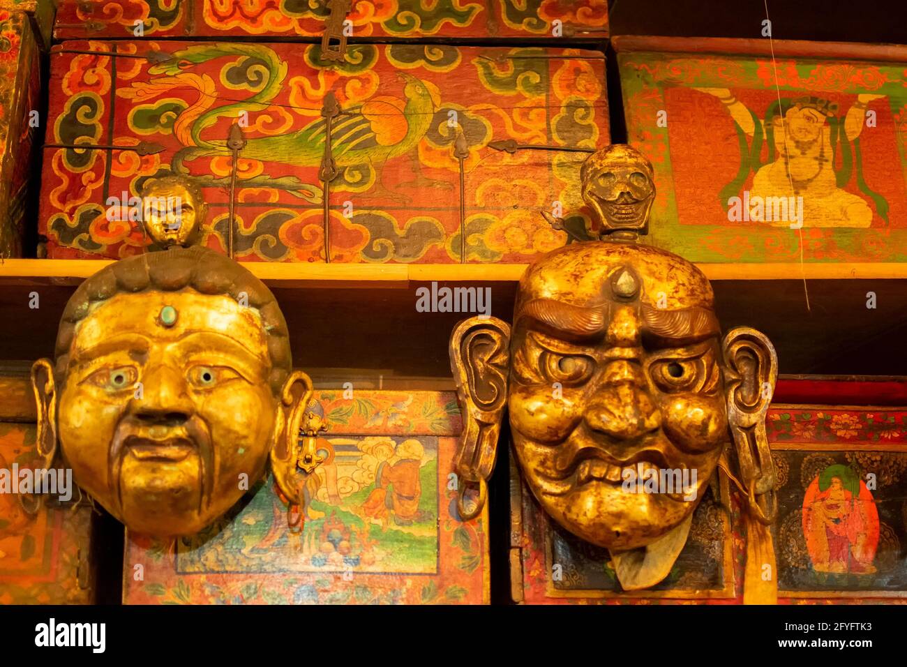 Tibetan masks on display at local market , Leh, Ladakh, India. These ...