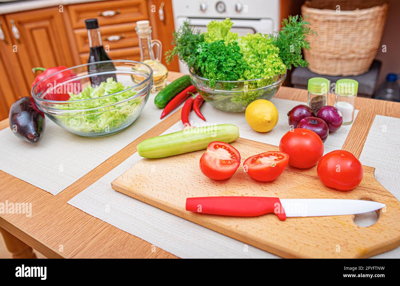 Healthy food products on the table in the kitchen Stock Photo - Alamy