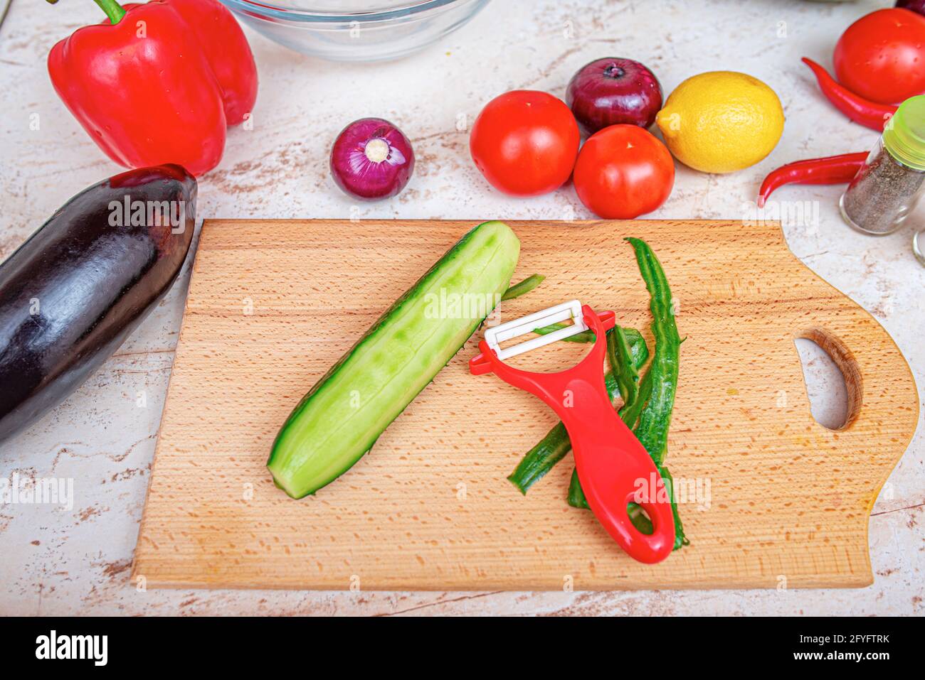 Healthy food products on the table in the kitchen Stock Photo - Alamy