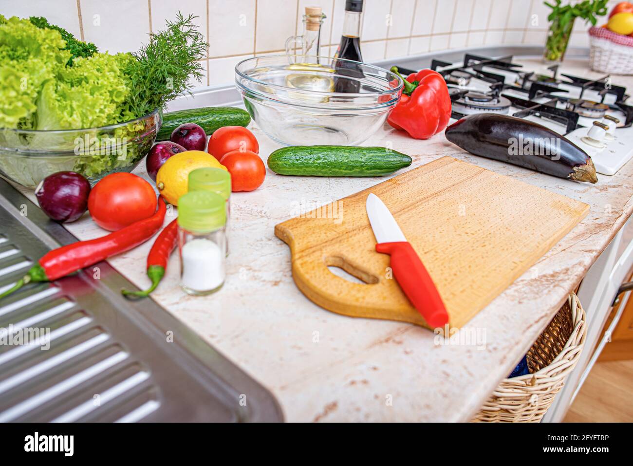 Healthy food products on the table in the kitchen Stock Photo - Alamy