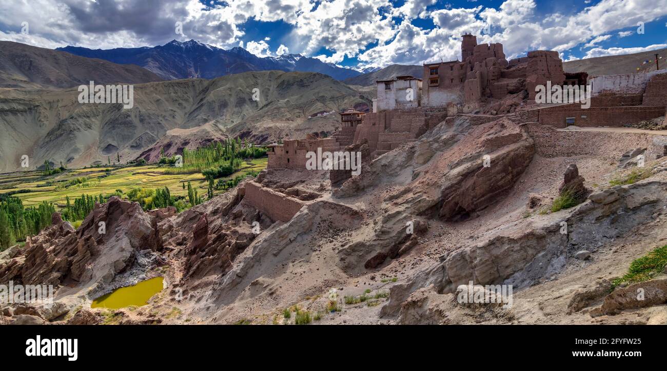 Panoramic view of ruins and Basgo Monastery surrounded with stones and ...