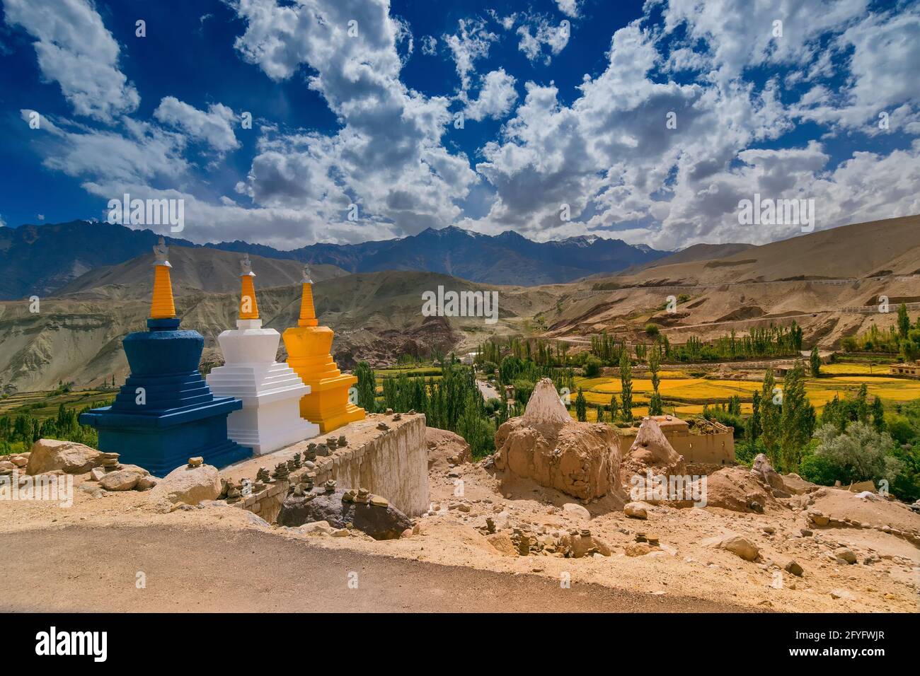 Three colourful buddhist religious stupas at Basgo, Leh, Ladakh, Jammu ...