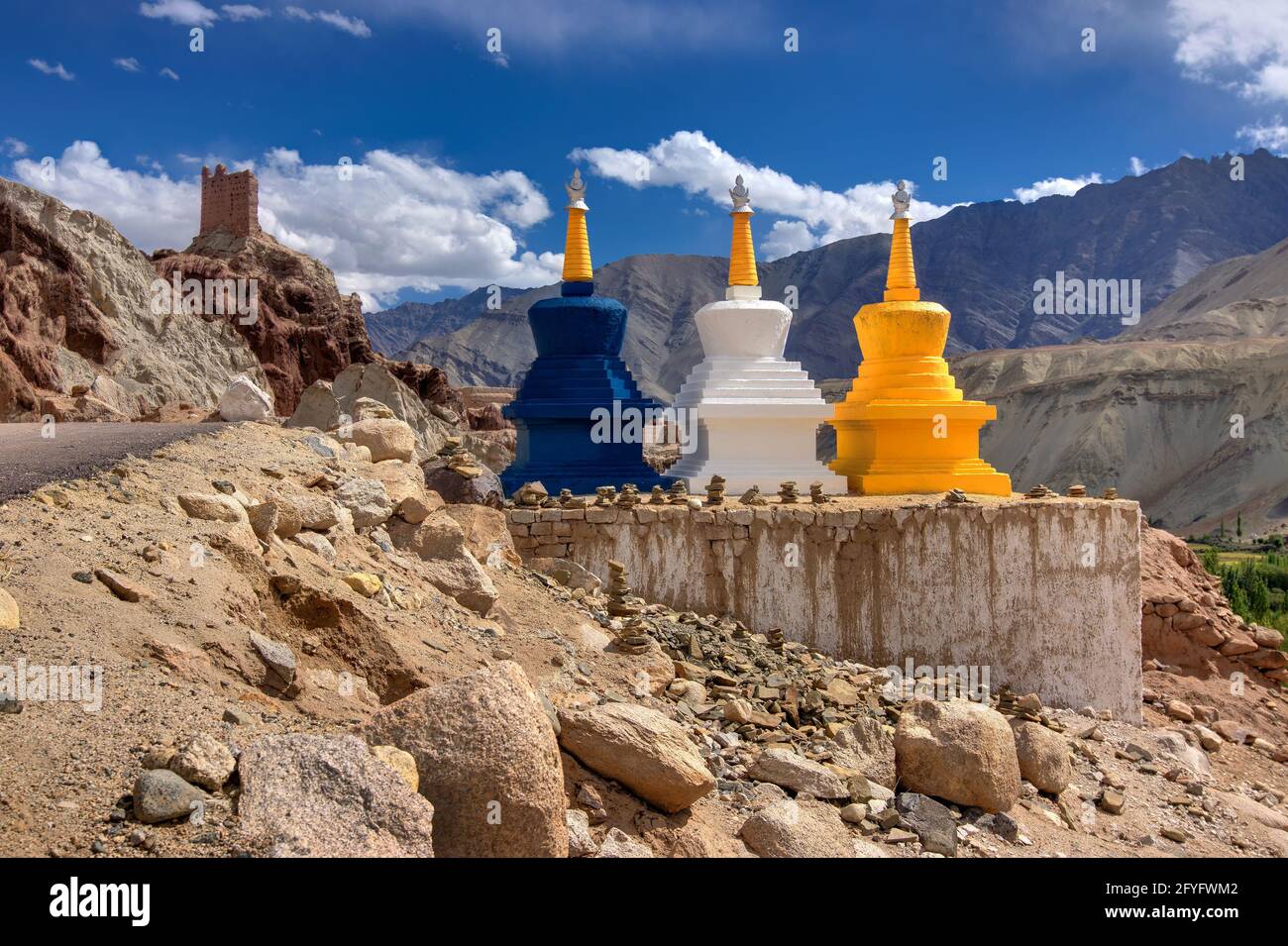 Three colourful buddhist religious stupas at Leh, Ladakh, Jammu and ...