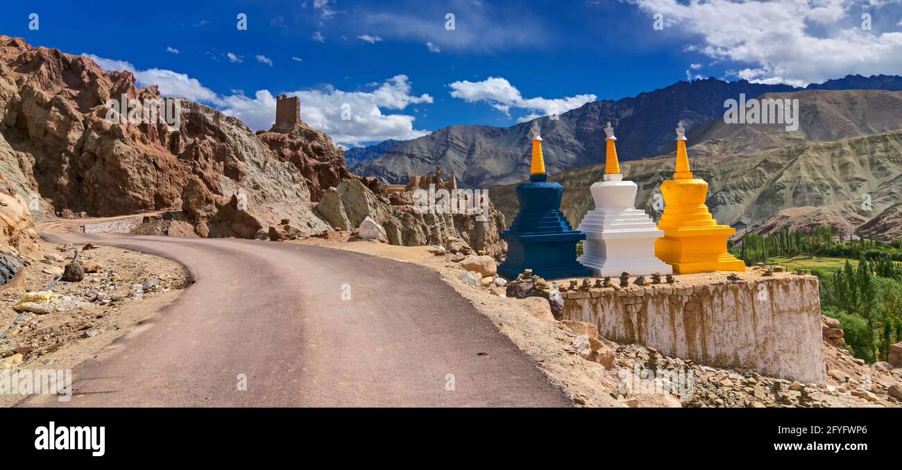 Panorama of three colourful buddhist religious stupas at Leh, Ladakh ...