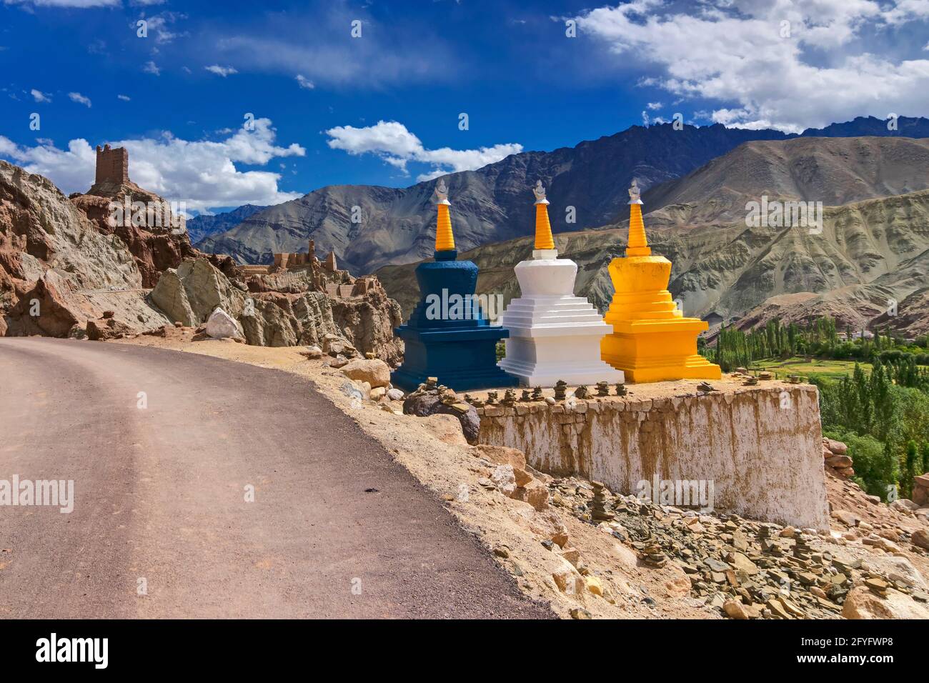 Three colourful buddhist religious stupas at Leh, Ladakh, Jammu and ...