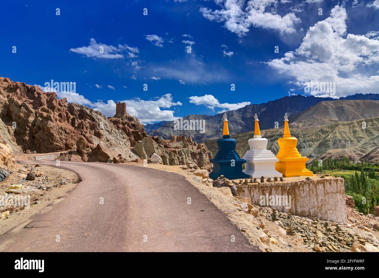 Three colourful buddhist religious stupas at Leh, Ladakh, Jammu and ...