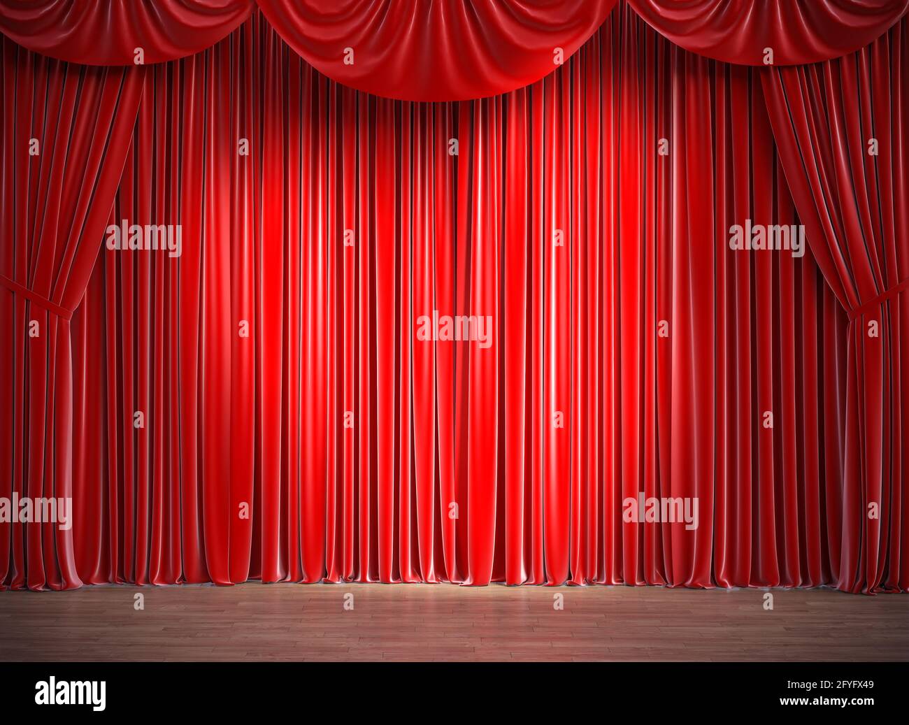 red satin curtains and wooden floor. 3d render Stock Photo - Alamy
