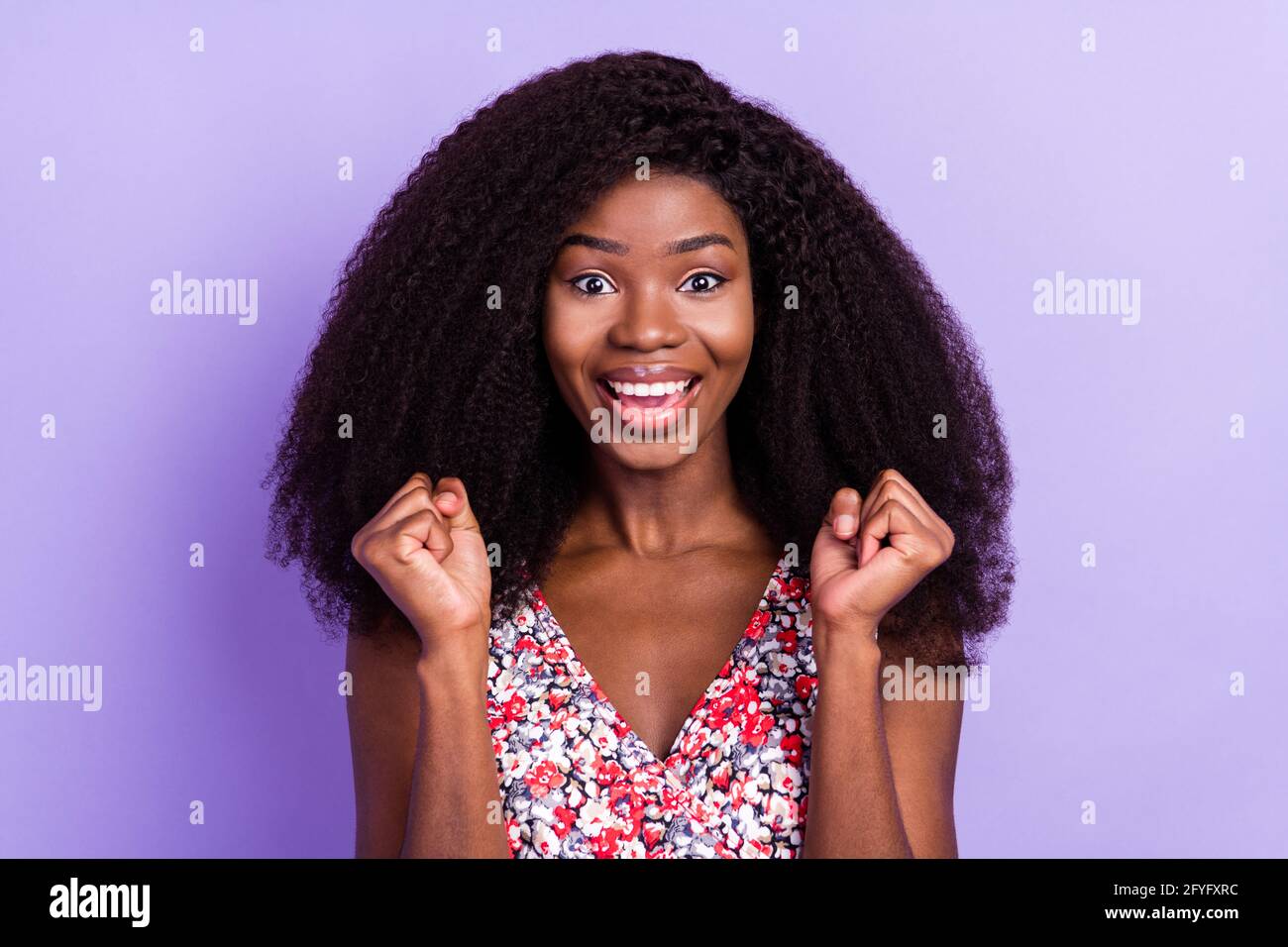 Photo of young attractive afro girl happy positive smile rejoice ...